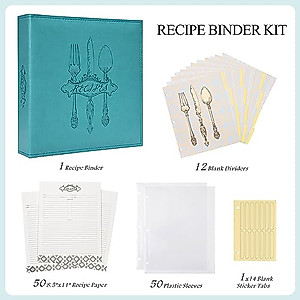COFICE Recipe Binder – 8.5x11 3 Ring Blank Family Recipe Book Binder Kit to Write in Your Own Recipes with PU Faux Leather Cover and Plastic Sleeves (Blue)