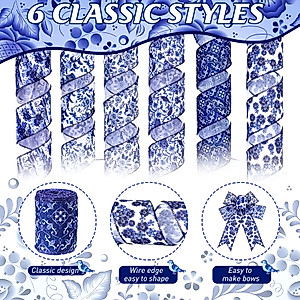 Lyrow 6 Rolls Christmas Chinoiserie Ribbon White and Blue Wired Edge Floral Ribbon Butterfly Flower Pattern Fabric Craft Wreath Bow Wrapping 2.52 Inches by 5 Yards