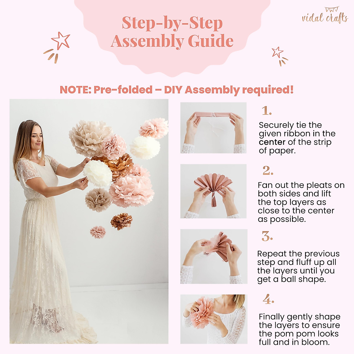 Vidal Crafts 20 PCS Dusty Pink, Rose Gold, Ivory, Pastel Grey, Tissue Paper Pom Poms Kit, 14", 10", 8", 6", Tissue Paper Flowers for Wedding, Birthday, Bridal Shower, Bachelorette, Baby Shower Décor