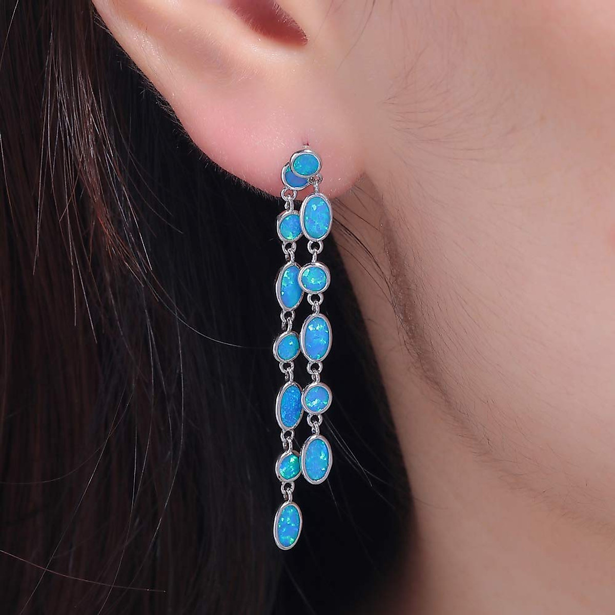 CiNily Ladies Opal Drop Earring 18K White Gold Plated Tiny Round Oval Blue Opal Ear Stud Dangle Earrings Gemstone Earrings