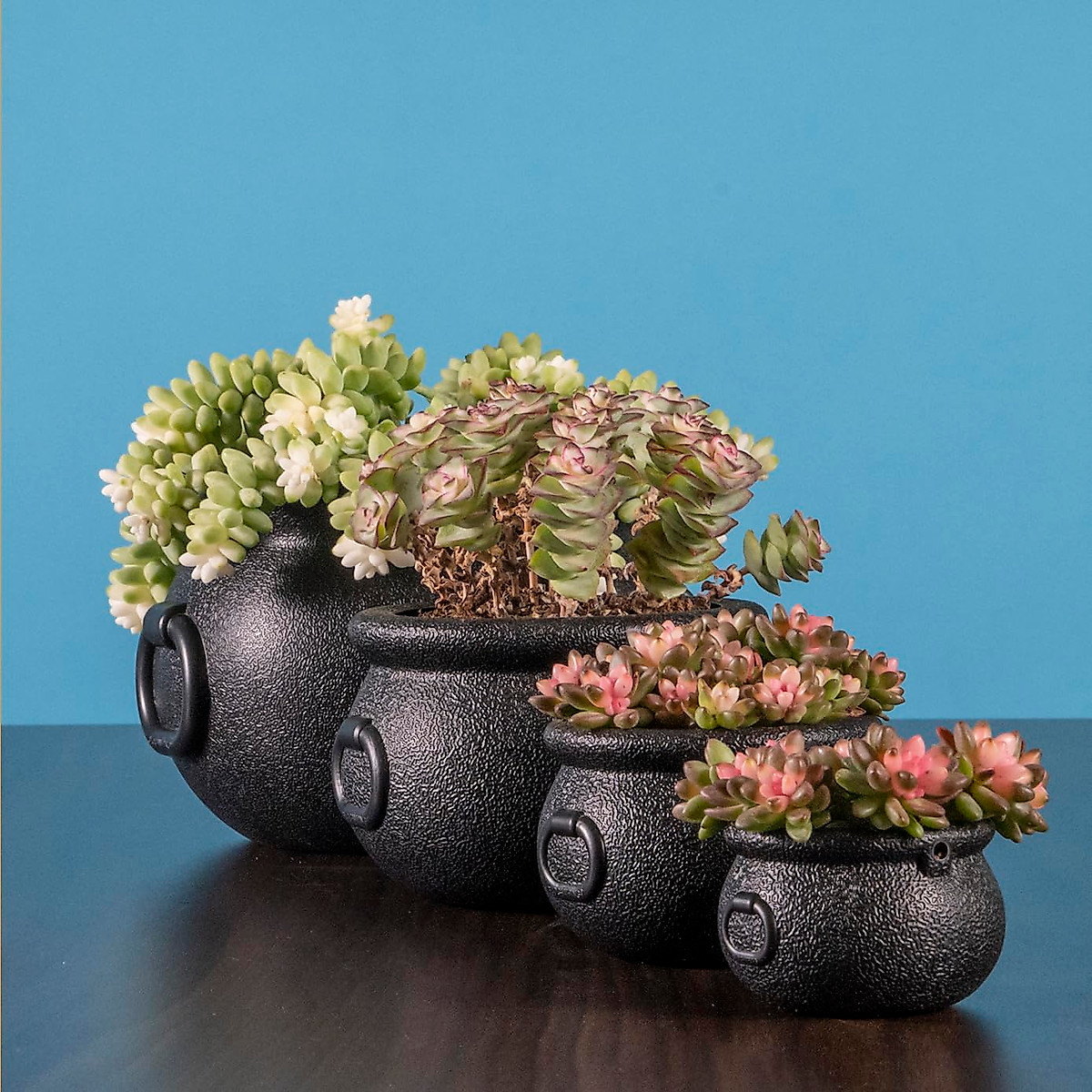 Glocamping 4 in 1(7.4”, 5.5”, 3.7”, 2.8”) Package Large Black Plastic Witch Cauldron Kettle, Candy Holder, Party Favor Decoration for St Patrick’s Day & Halloween