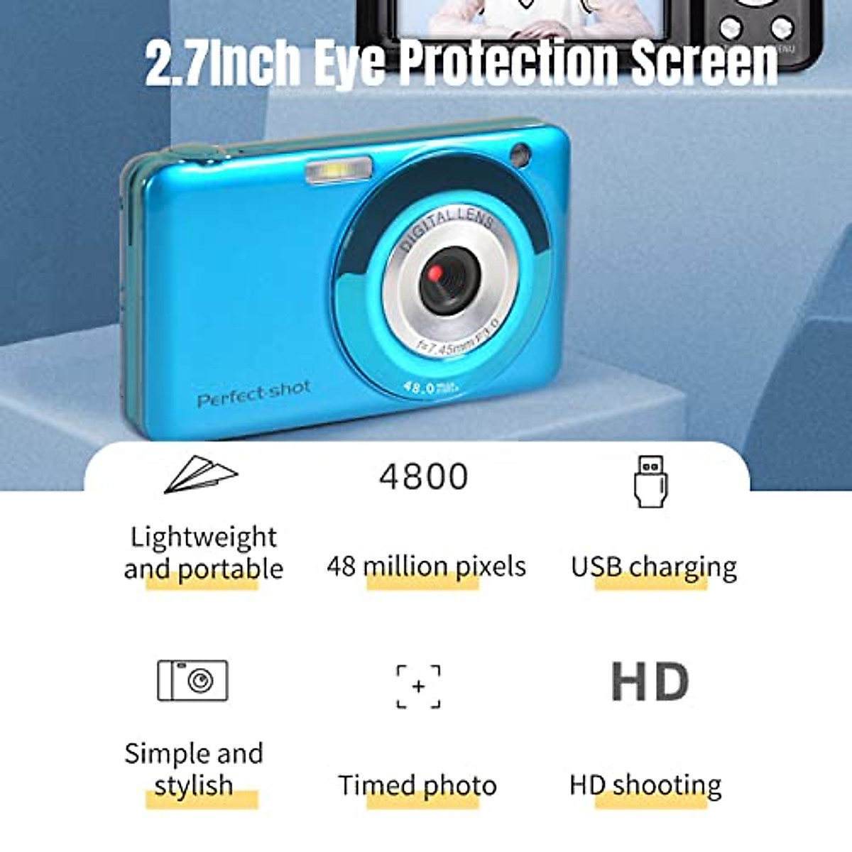 Digital Camera, 2.7in 48MP HD Kids Camera 8X Optical Zoom Compact Portable Mini Cameras, USB Rechargeable Video Camera Supports 32GB Card for Students, Teens, Kids Blue