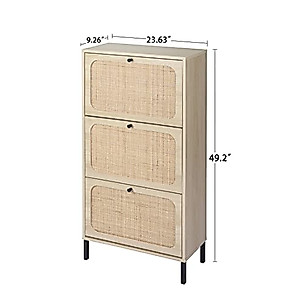 Rattan Shoe Storage Cabinet with 3 Flip Drawers for Entryway, Freestanding Shoe Rack Modern Slim Entryway Shoe Organizer with Half Round Woven Rattan Doors for Hallway (Rattan-3 Drawers)