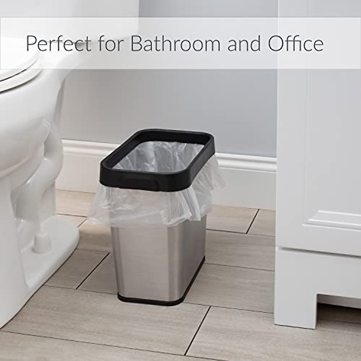 Bath Bliss 8 Liter Stainless Steel Waste Bin | Detachable Rim Hold Bag in Place | Bathroom Garbage | Office Trash Can | Rectangular Wastebasket