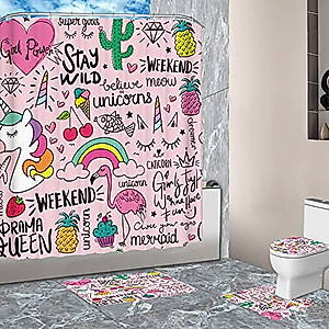 Amagical Cute Unicorn Ice Cream Pineapple Cherry and Other Items Pink Decor 16 Piece Bathroom Mat Set Shower Curtain Set Bath Mat Contour Mat Toilet Cover Shower Curtain 12 Hooks (Pink)