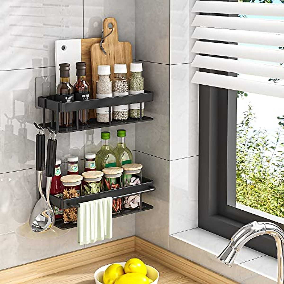 Shower Caddy, Black Shower Caddy with 2 Hooks and 1 Towel Bar, Adhesive Shower Caddy Aluminum Bathroom Wall Shelf, No Drilling Shower Organizer for Bathroom Toilet, Kitchen-2 Pack (Matte Black)