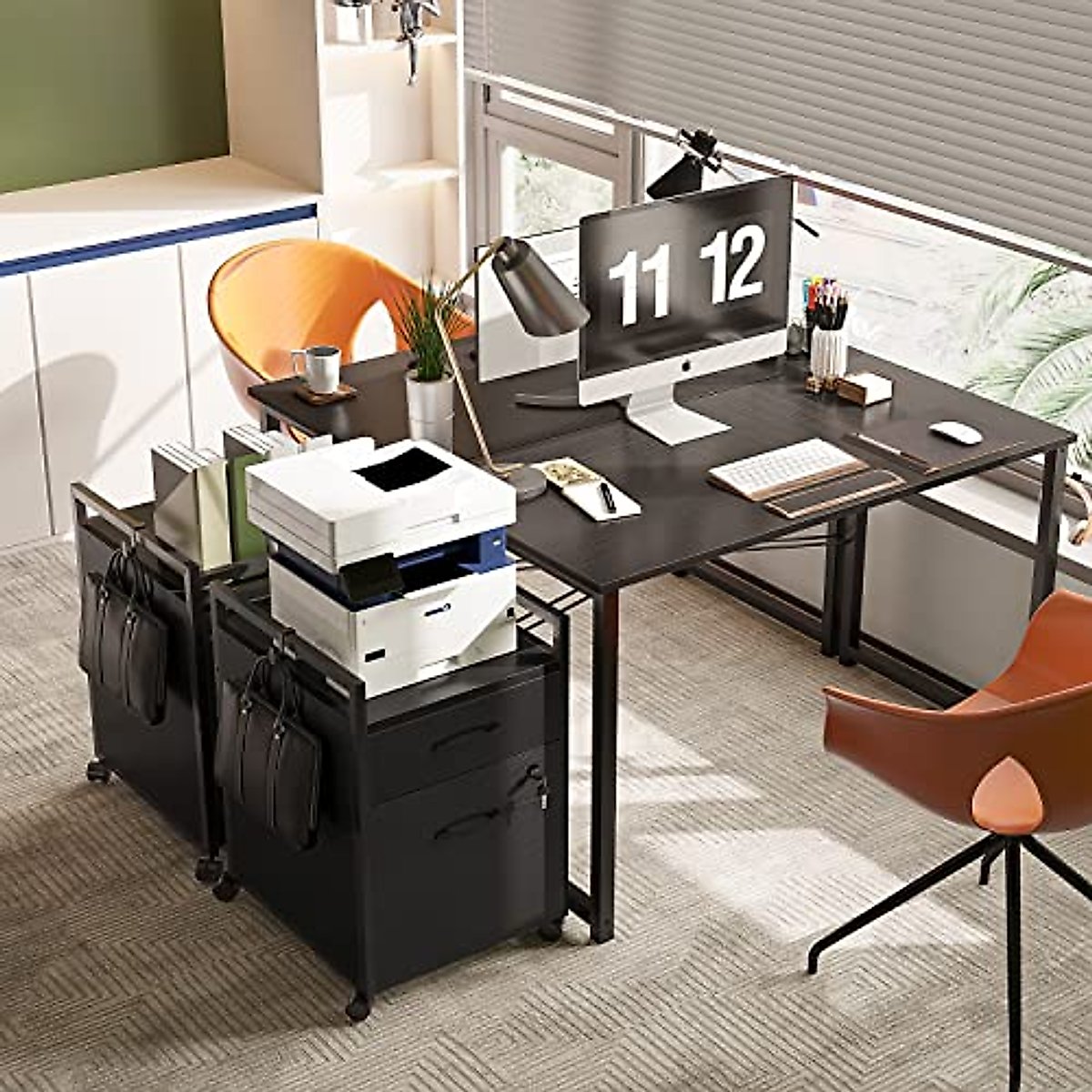 ODK File Cabinet with 2 Drawers, Mobile Office Cabinet with Lock on Wheels, Rolling Office Printer Stand Filing Cabinet for A4, Letter Sized Document with Iron Hook, Black
