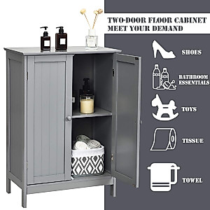Tangkula Bathroom Floor Cabinet, Freestanding Storage Cabinet with Double Doors and Shelf, Modern Home Furniture, Wooden Home Organizer for Living Room, Bathroom Storage Cabinet, Grey