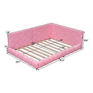 QVUUOU Upholstered Platform Bed Daybed with USB Ports and LED Lights Belt, Full Size Wood Bed Frame for Bedroom Furniture, Teddy Upholstered Bed Multifunctional Bed Floor Bed Grounded Bed (Pink)