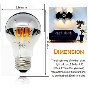 Edearkar A19 Half Chrome Light Bulb 6W Dimmable, E26 Base Daylight White 6000K 60W Equivalent 600lm Decorative Silver Mirror LED Edison Bulb for Indoor Living Room, AC110V, E26 Base, Pack of 4