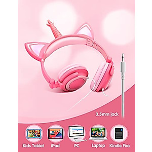 ONTA Unicorn Kids Headphones, Cat Ear LED Light Up Foldable Earphone Wired Over On Ear for Girls Boys,Kids Headband Toddler Tablet for School Supply/Travel/Holiday/Birthday/Cosplay Gifts(Peach)