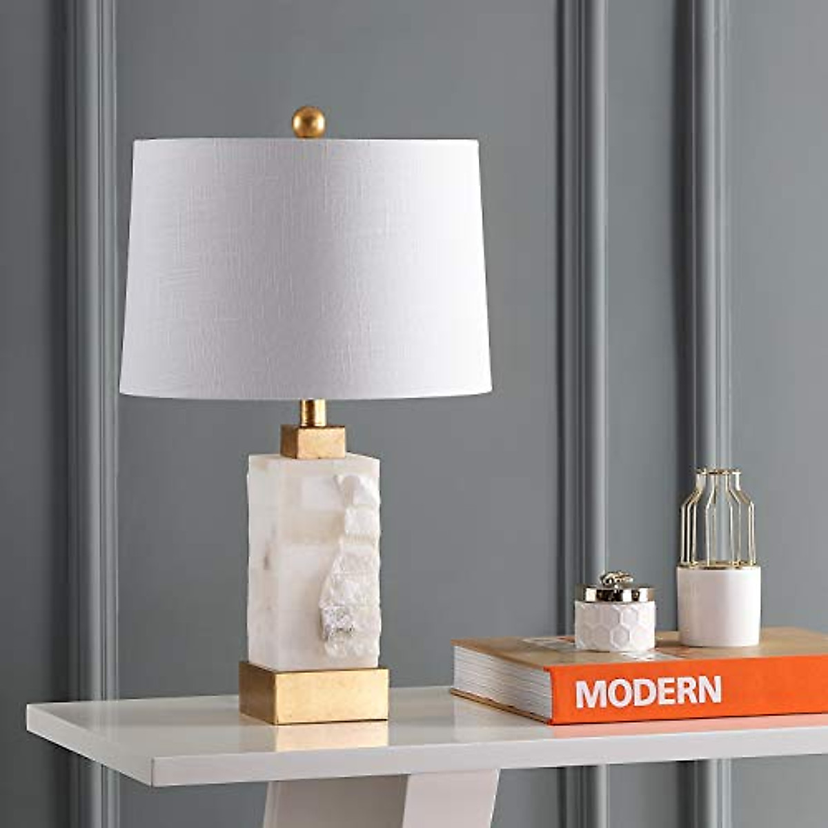 JONATHAN Y JYL6202A Eloise 23" Alabaster/Metal LED Table Lamp Contemporary Transitional Bedside Desk Nightstand Lamp for Bedroom Living Room Office College Bookcase LED Bulb Included, White/Gold Leaf