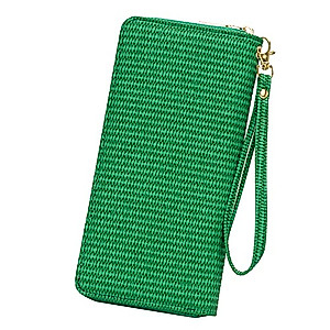WOZEAH Women's RFID Blocking PU Leather Zip Around Wallet Clutch Large Travel Purse (Dark Green Weave)