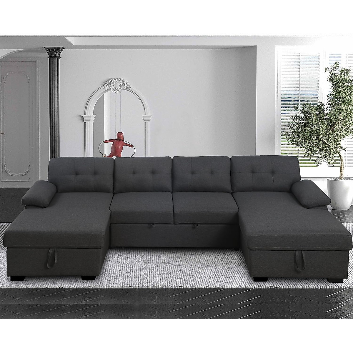 Beaugreen Modern Modular Sofa Couch, Dark Grey - Sectional Sleeper with Pull Out Bed, Double Storage Chaise, 4 Seater