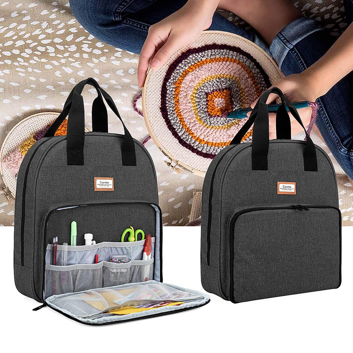 CURMIO Embroidery Bag, Portable Embroidery Project Storage for Embroidery Hoops, Floss, and Cross Stitch Supplies, Bag ONLY, Black (Patented Design)