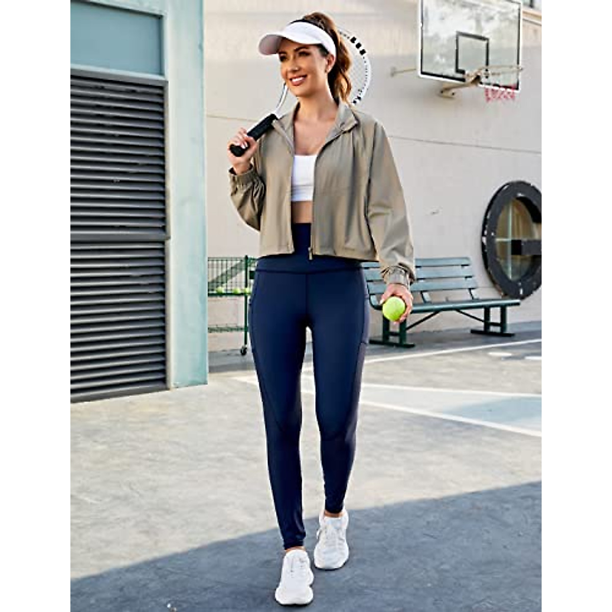 UANEO Womens Athletic Cropped Jacket Sun Protection Zip Up Long Sleeve Workout Tops Gym Sports Jackets (Tan-M)