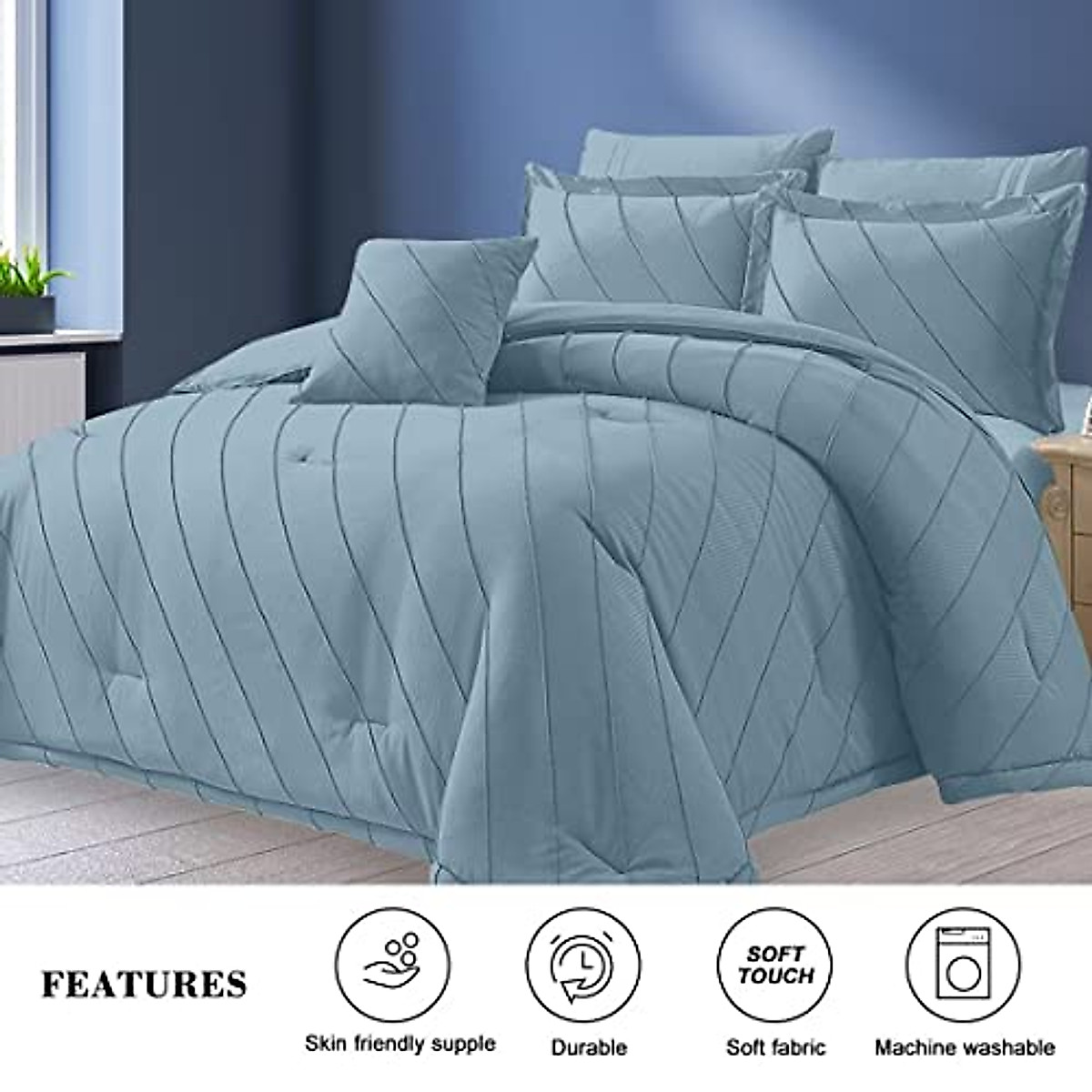 Wellco 2 Piece Twin Comforter Bedding Set- All Season Bedding Comforter Set, Ultra Soft Polyester Waves Bedding Comforters- Blue Diagonal Stripes