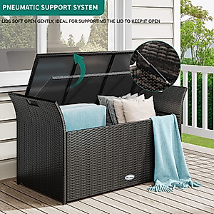 YITAHOME 90 Gallon Outdoor Wicker Storage Bench w/Cushion, Large PE Rattan Deck Storage Box w/Handles & Hydraulics for Patio Furniture, Cushions, Garden Tools, Pool & Sports Equipment, Black&Grey