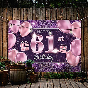 PAKBOOM Happy 61st Birthday Banner Backdrop - 61 Birthday Party Decorations Supplies for Women - Pink Purple Gold 4 x 6ft