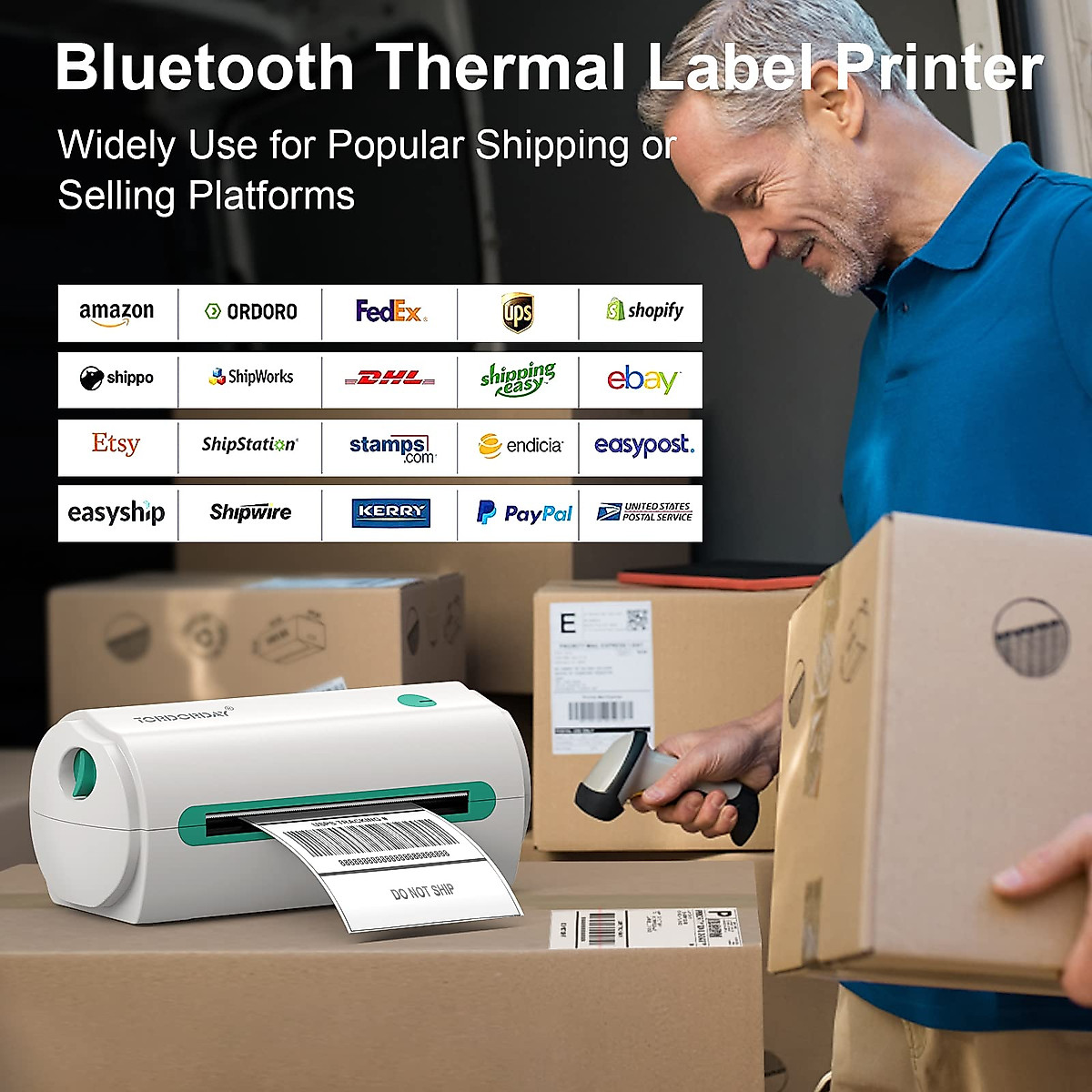 Tordorday Bluetooth Shipping Label Printer Work with App Elabel 4x6 Bluetooth Thermal Label Printer for Shipping Packages, Compatible with USPS, Shopify, Amazon, Ebay, FedEx