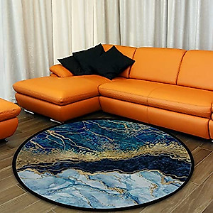 Blue Marble Gold Foil Glitter Illustration Round Area Rug Circle Floor Mat Polyester Carpet Ultra Soft Comfort Nonslip Machine Washable for Indoor Living Room Bedroom Home Decor