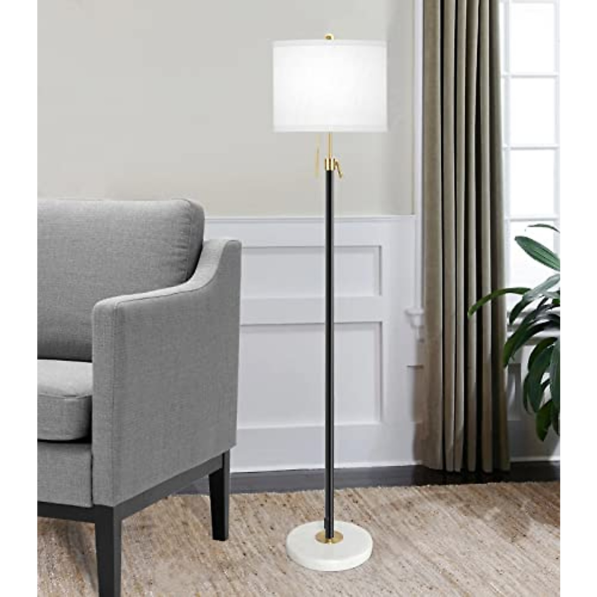 Floor Lamp for Living Room Adjustable Tall Standing Lamp, 3-Way Dimmable Floor Lamp for Bedroom Office, Black Gold Lamp with Marble Base and White Linen Shade, 6W 3000K LED Blub Included