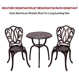 CG 3 Piece Bistro Set, Outdoor Patio Set, Anti-Rust Cast Aluminum Bistro Table Set for Park Yard Front Porch Furniture, Tulip, Antique Copper