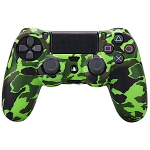 YoRHa Water Transfer Printing Camouflage Silicone Cover Skin Case for Sony PS4/slim/Pro Dualshock 4 Controller x 1(Green) with Pro Thumb Grips x 8
