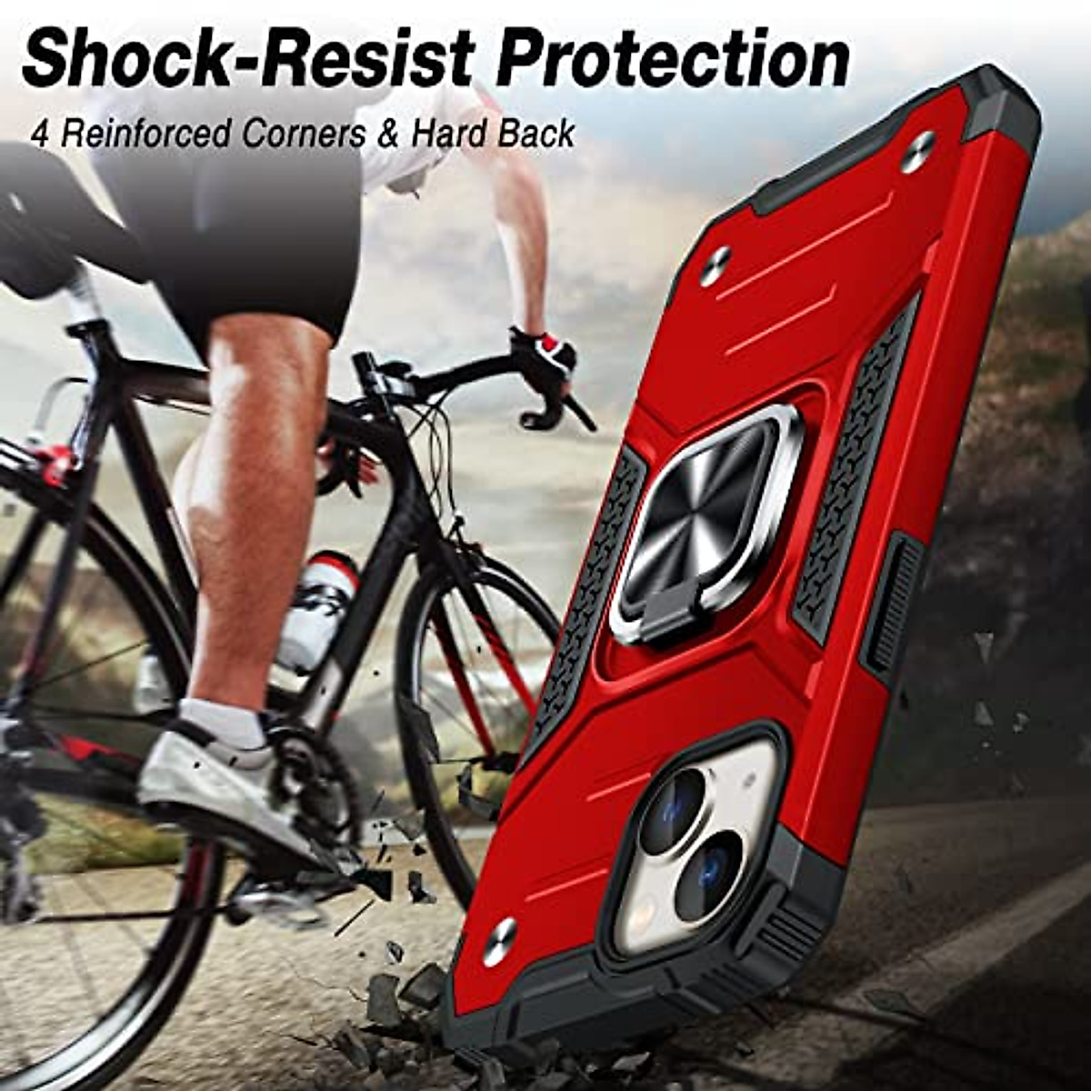 JAME for iPhone 14 Case with Screen Protector [2 PCS], Shockproof Bumper Case for iPhone 14 Case for Women & Men, Heavy-Duty Protection with Metal Ring Kickstand Case for iPhone 14, Red
