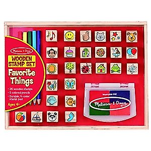 Melissa & Doug Wooden Stamp Set, Favorite Things - 26 Stamps, 4-Color Stamp Pad With Washable Ink For Art Projects For Kids Ages 4+