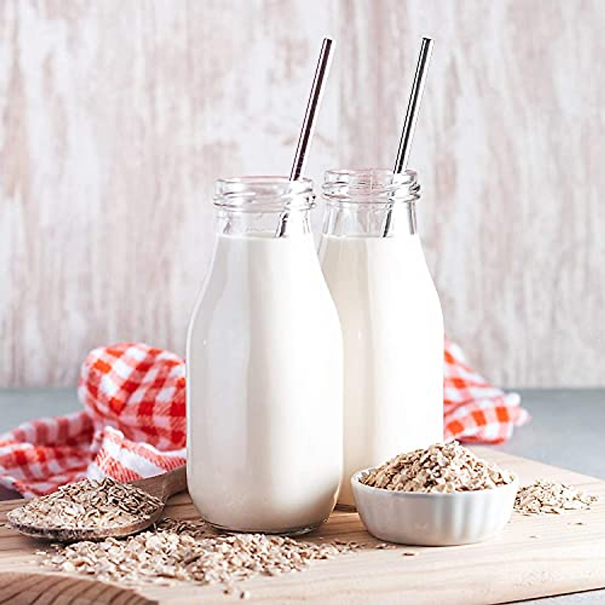 SUPERLELE 12pcs 12oz Glass Juice Bottles, Reusable Glass Bottles with Caps and Straws, Glass Bottles for Juicing, Milk, Smoothie, Drinking and Other Beverages