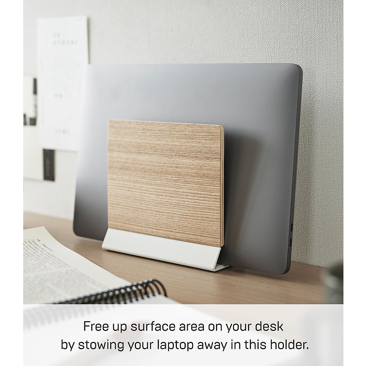 Yamazaki Home Rin Portable Laptop Holder Stand for Desk in Bedroom Or Office, Wooden Storage Station - Steel + Wood