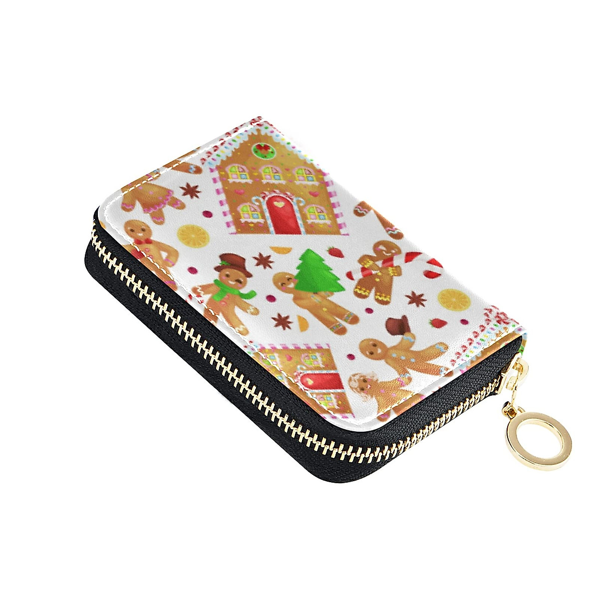 Christmas Cookies Gingerbread Man and Girl Near Sweet HouseGrey Credit Card Coin wallet, RFID Blocking Compact Women Leather Card Holder, Key Change Organizer, Zipper Purse Clutch Pouch