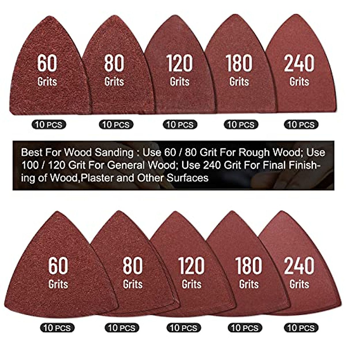 105PCS Oscillating Tool Detail Sanding Pads Kit, 3Pcs Triangle and 2Pcs Finger Sanding Pad, 100Pcs Multitool Sandpaper, Grit Fit for Finishing Wood Sanding Plaster