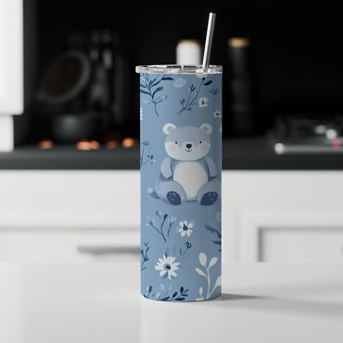 Tumbler with Lid and Straw Cartoon Bear Flowers and Plants thermos coffee travel mugcute cups 20 oz insulated tumbler for Daily Holiday Decor Gift coffee cup