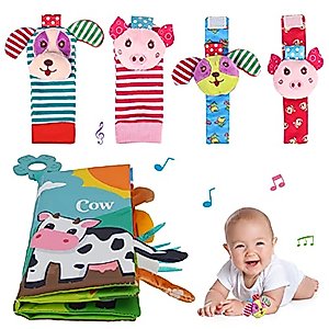 Baby Toy Wrist Rattle Foot Finder Socks with Soft Baby Book, Cotton and Plush Stuffed Infant Toys for Boy & Girl 0-3-6 Months, Present Gift for Newborn Infant Babies