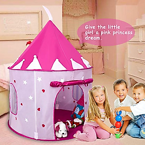 Princess Castle Play Tent with Glow in The Dark Stars Foldable Pop Up Pink Play Tent/House Toy for Indoor Kids Tent & Outdoor Children Tent Girls Gifts