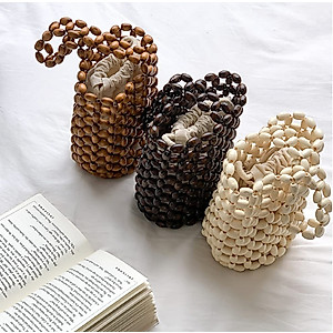 Goodly Wood Beaded Tote Handbag/Summer Mini Beads Bag/Wood Beads Circle Tote Bag for Women (Beige)… (Ivory)