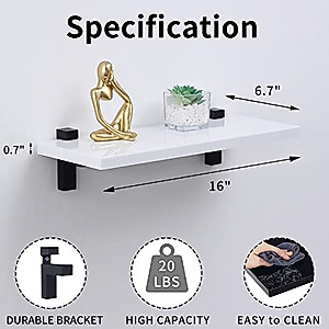 White Floating Shelves 16 Inch Long, Wooden Bathroom Shelves Set of 2, Modern Floating Wall Shelf with Glossy Finish for Home Decor & Storage