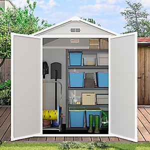COCLUB 6x4.4FT Resin Shed Plastic Shed Outdoor Storage Shed with Floor,Resin Outdoor Shed with Window, Lockable Door Side Window, Front & Rear Vents for Garden, Backyard, Patio-Light Gray