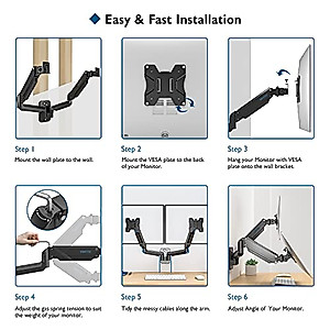 BONTEC Monitor Wall Mount Bracket for 13-27" Screens up to 17.6 lbs, Fully Adjustable Gas Spring Monitor Arm, Ergonomic Height Adjustable, Tilt Swivel & Rotate, VESA 75x75, 100x100 mm
