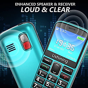 USHINING 4G Senior Cell Phone Unlocked SOS Big Button Senior Basic Phone 2.4 Inch Large Screen High Volume Unlocked Mobile Phone for Elderly with Charging Dock (Emerald Green)
