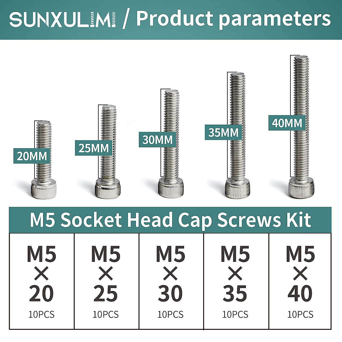 M5 x 20mm 25mm 30mm 35mm 40mm Socket Head Cap Screws Bolts Stainless Steel 304 Metric Machine Hex Socket Screw, 50PCS