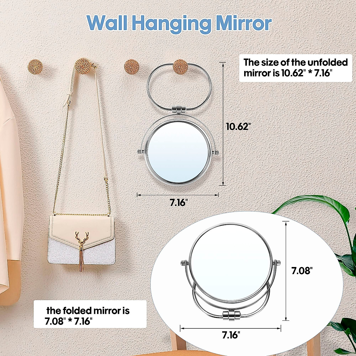 Portable Folding Travel Makeup Mirror,1X/10X Magnifying Vanity Mirror,6” Double-Sided 360° Swivel,Handheld & Wall Hanging Metal Mirror for Home and On-the-Go Use,Travel Storage Bag Included,No Light