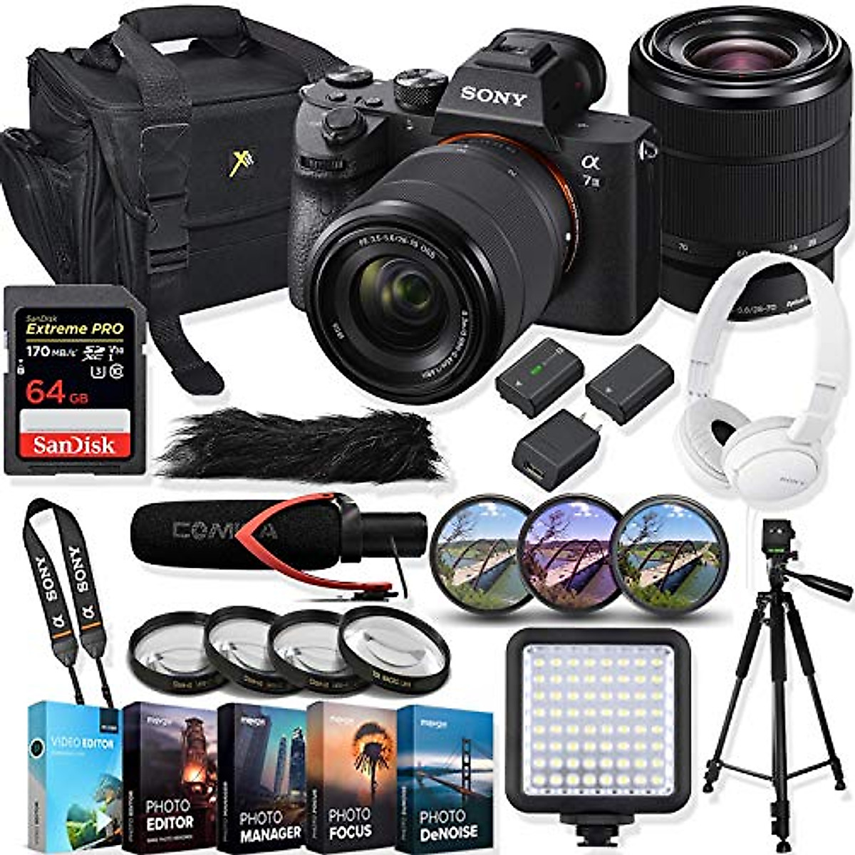 Sony Alpha a7 III Mirrorless Digital SLR Camera with 28-70mm Lens Kit + Video Accessory Bundle with 64GB Extreme Pro Memory Card