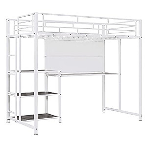 Tensun Metal Twin Size Loft Bed Frame with Desk and Whiteboard,3 Shelves and Ladder for Bedroom for Boys Girls Adult,Space-Saving/Noise Free/No Box Spring Needed - White