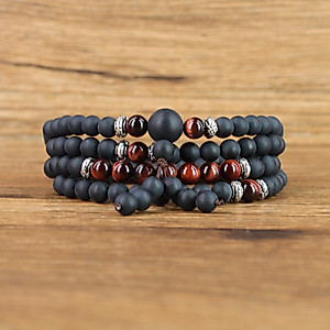 COAI Tibetan 108 Mala Beads Red Tiger Eye Matte Onyx Stone Wrap Bracelet Necklace
