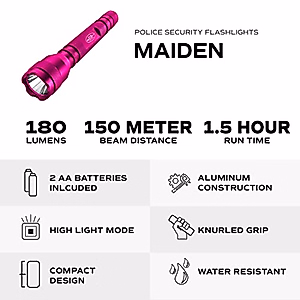 Police Security Maiden Ultra Bright LED Flashlight -180 Lumens -150 Meter Beam Distance -Small, Powerful, Compact & Water Resistant - EDC, Home Security & Camping Battery Powered Flashlight - Pink