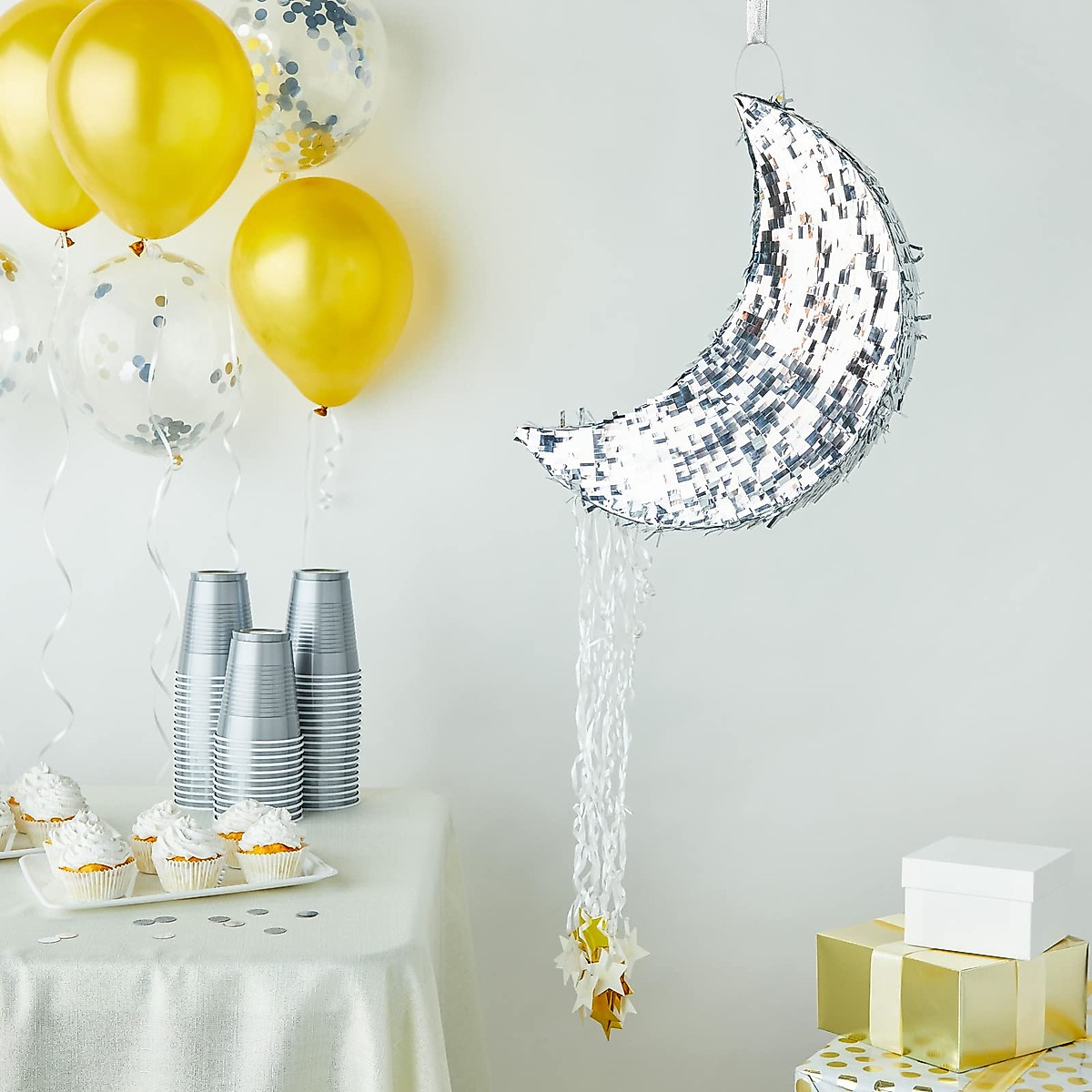 Juvale Pull String Moon Pinata for Twinkle Twinkle Little Star Birthday, Baby Shower Party Decorations (Silver Foil, 17x11x3 in)
