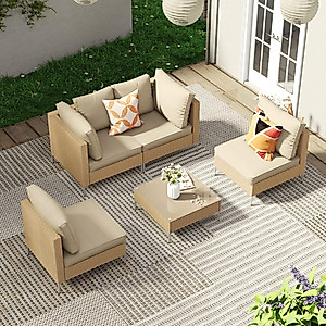 VICLLAX 5 Pieces Wicker Patio Furniture Set, Outdoor Conversation Set Sectional Sofas with Cushions and Glass-top Tea Table, Oak Rattan